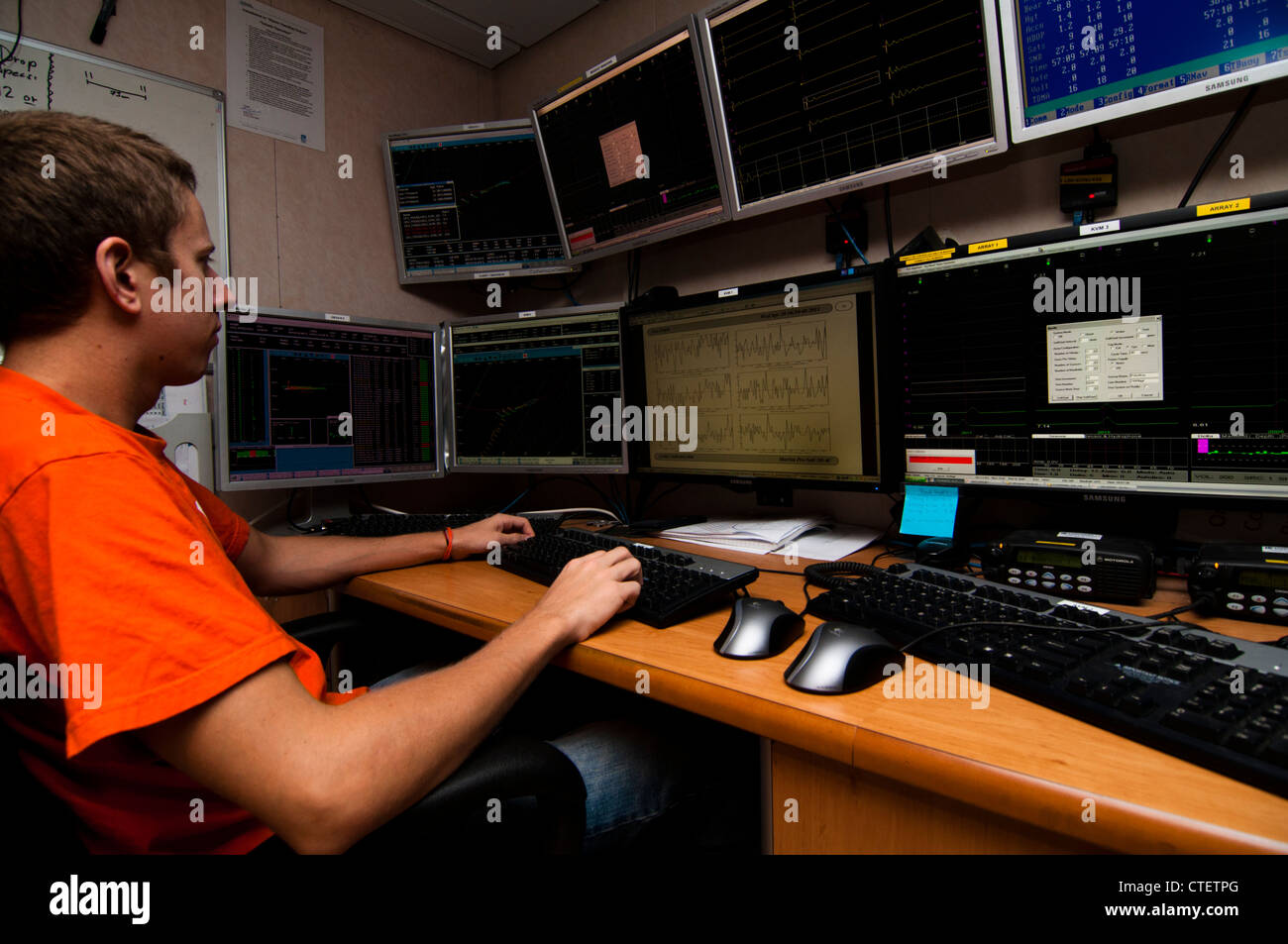 computer screens at the Instrument room of the seismic vessel Ocean ...