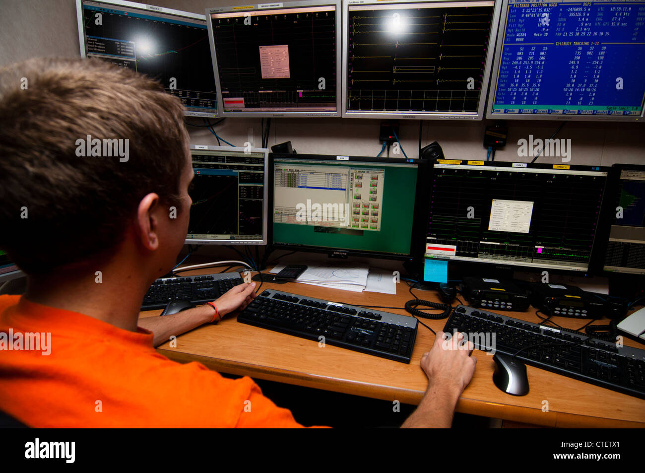 computer screens at the Instrument room of the seismic vessel Ocean ...