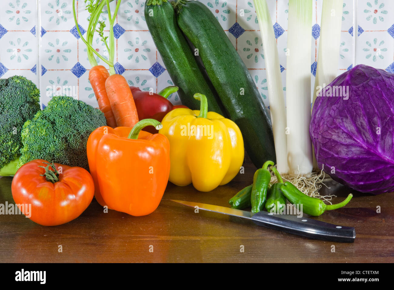Still life with fresh vegetables in a kitchen ready to be cooked Stock ...