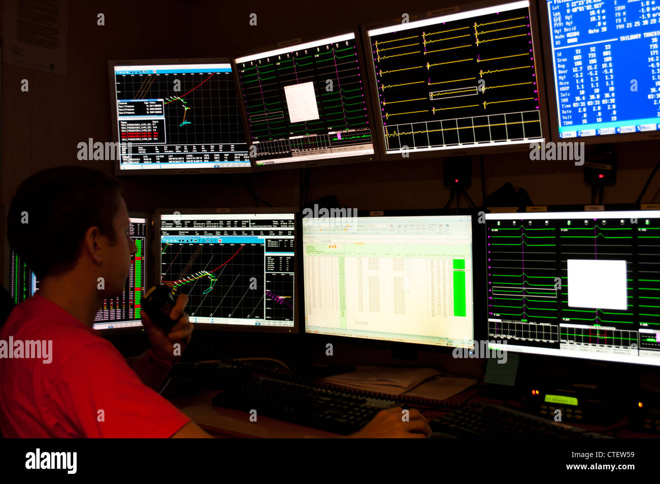 computer screens at the Instrument room of the seismic vessel Ocean ...