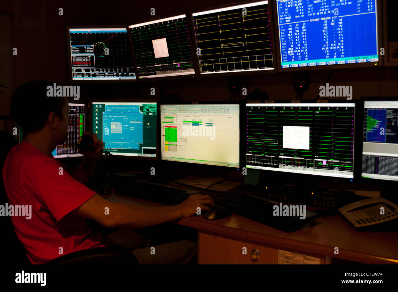 computer screens at the Instrument room of the seismic vessel Ocean ...