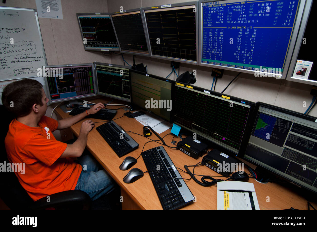 computer screens at the Instrument room of the seismic vessel Ocean ...