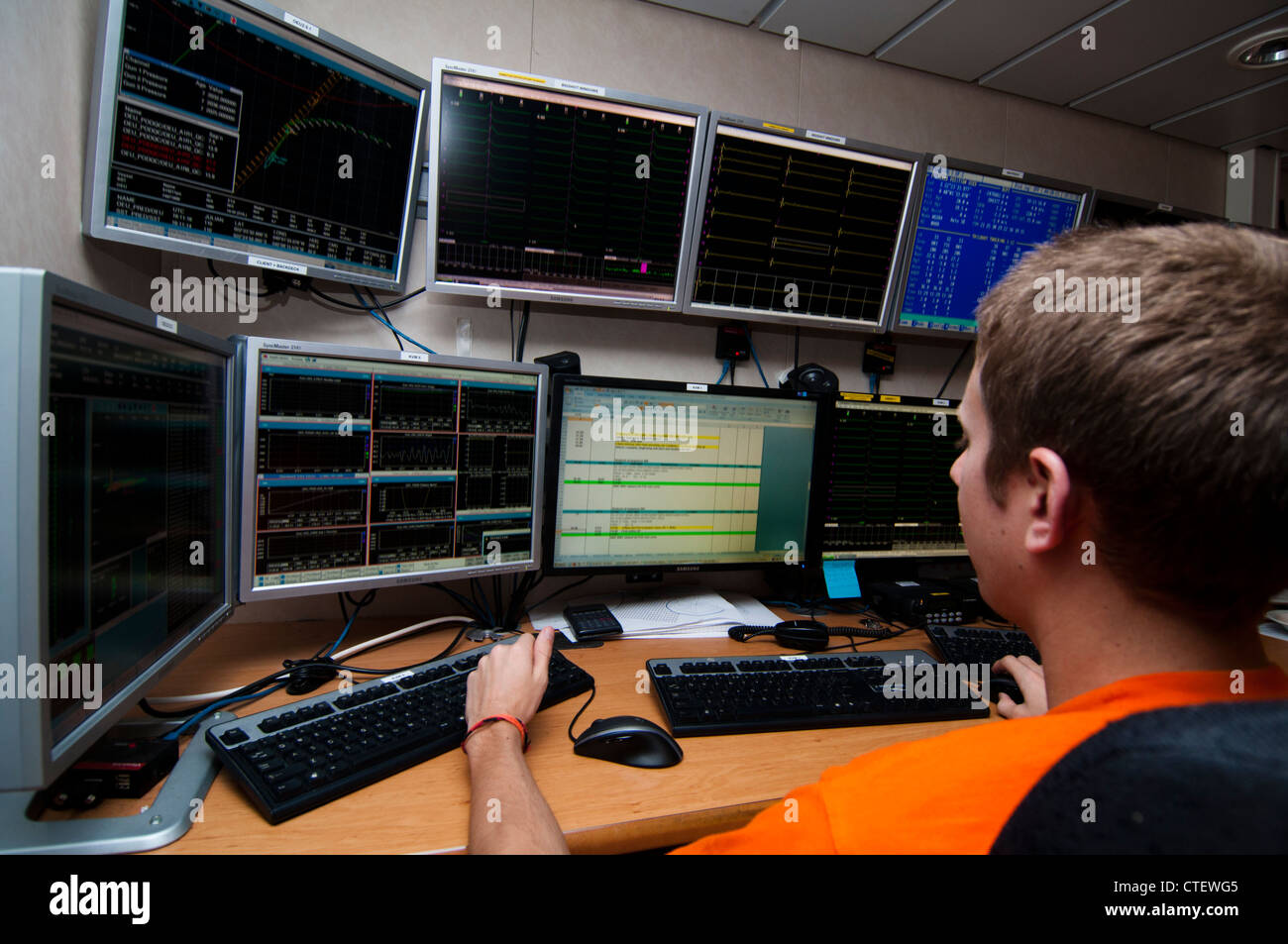 computer screens at the Instrument room of the seismic vessel Ocean ...