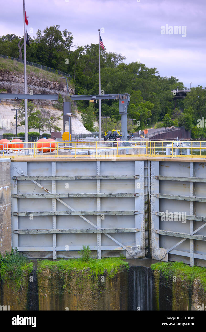 lock and dam number one with gates closed on mississippi river in ...