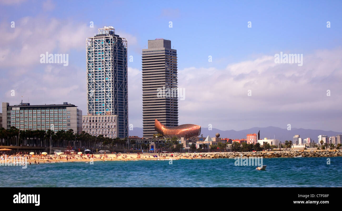 Overview of Barcelona Spain from Barceloneta beach Stock Photo - Alamy