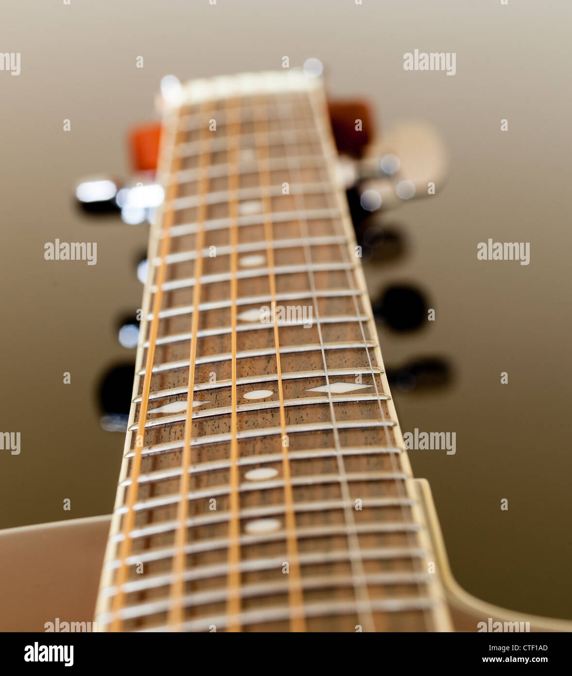 Macro shot down the fretboard of acoustic guitar with shallow depth of ...