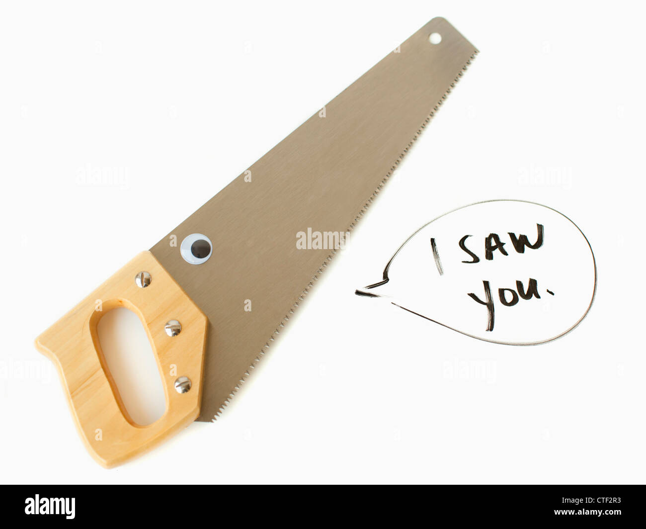 Hand saw with text in speech bubble, studio shot Stock Photo - Alamy