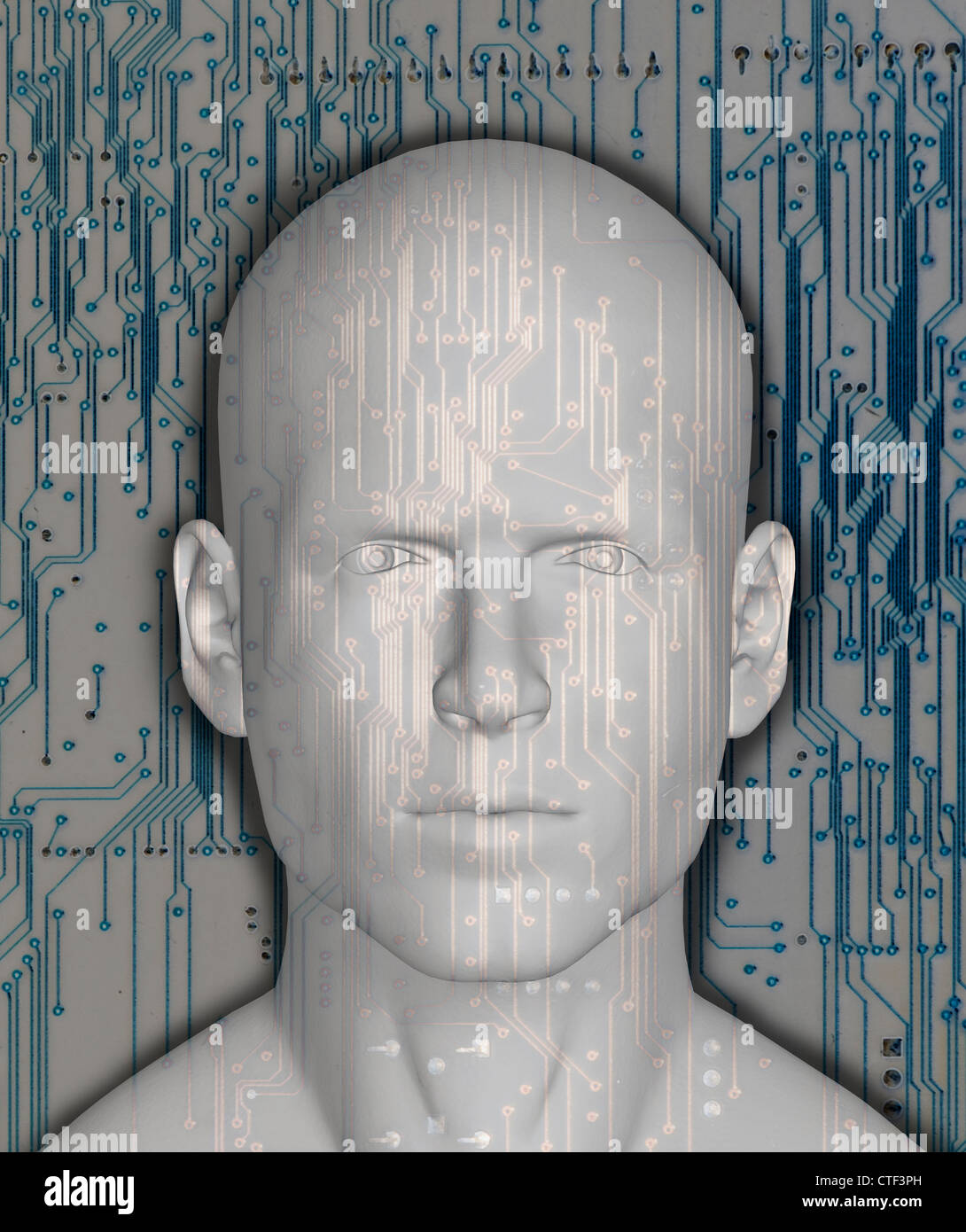 Conceptual image of human head with microchip print Stock Photo - Alamy