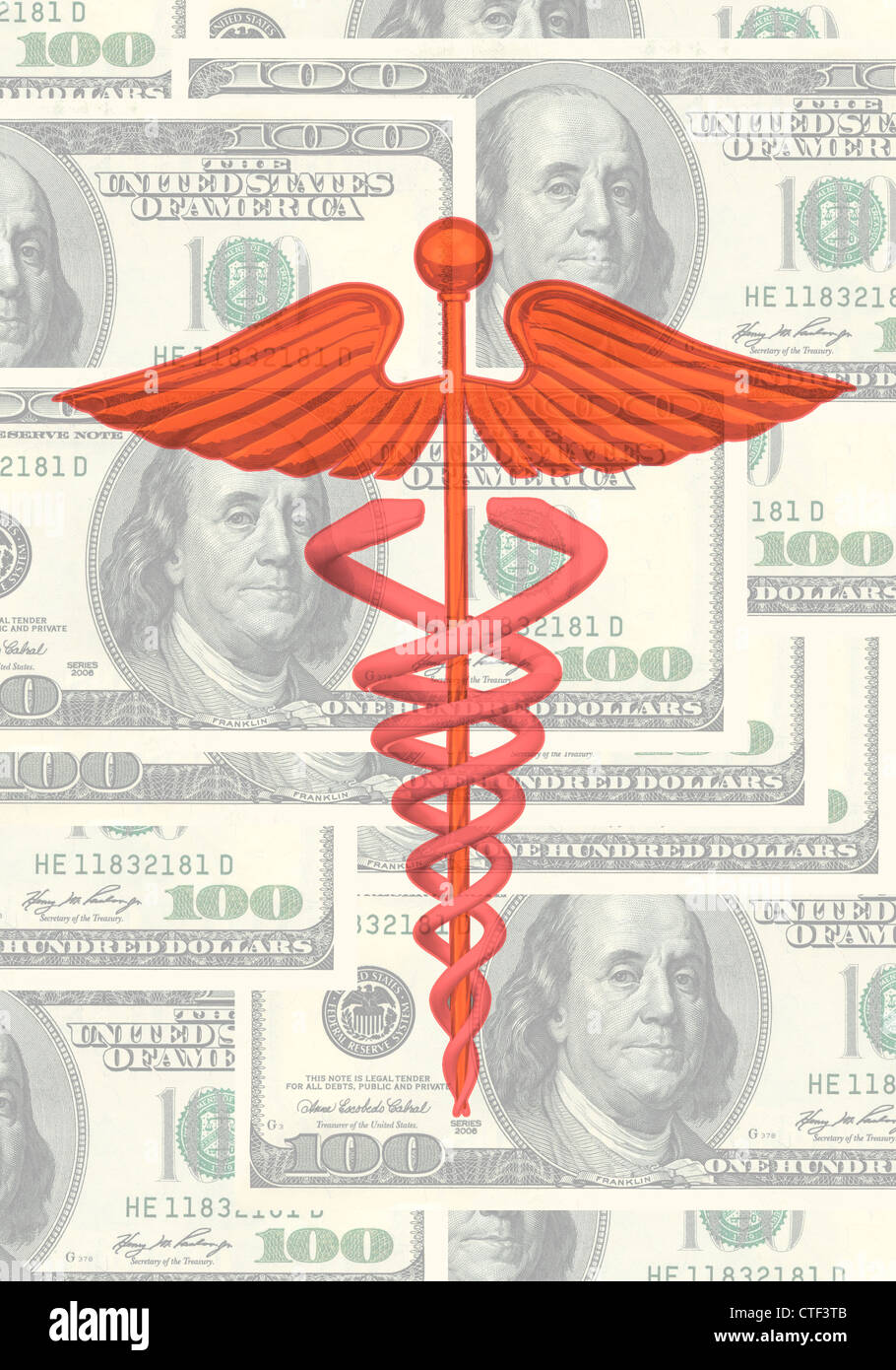 Caduceus and us dollar bills Stock Photo - Alamy