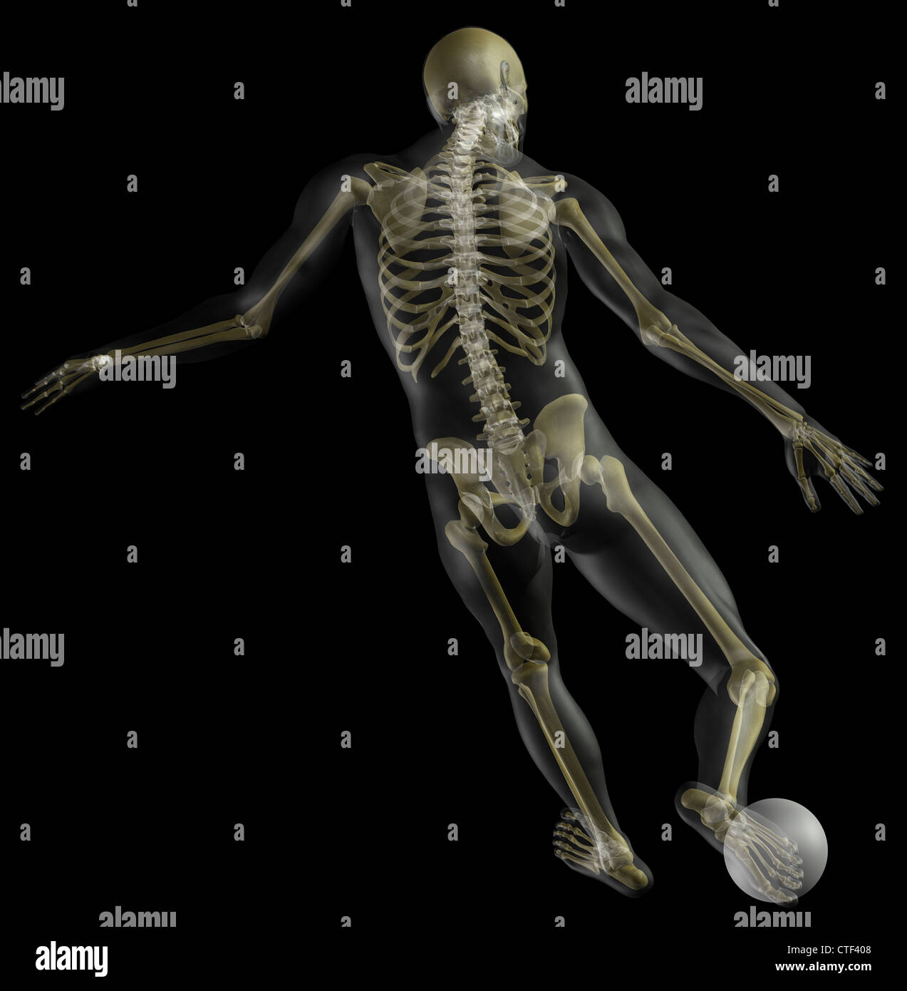 Digitally generated image of human representation playing soccer ball ...