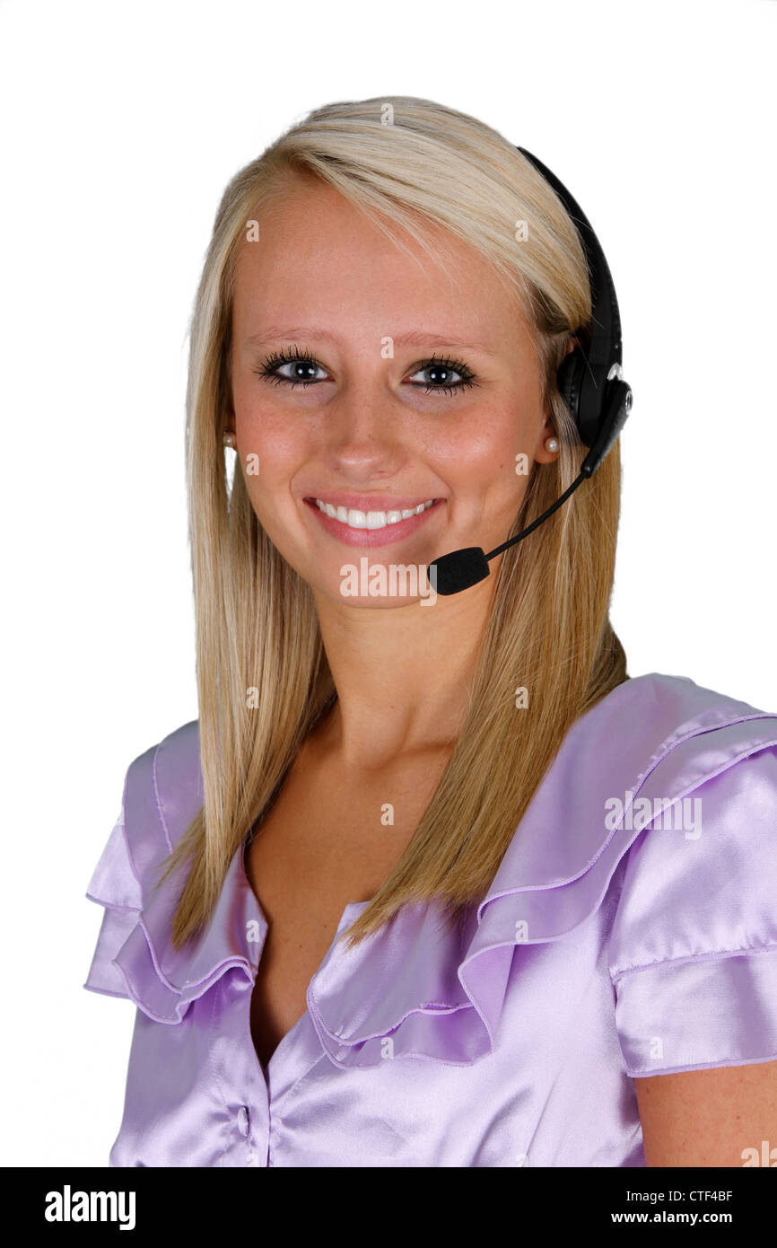Young woman giving help as a customer service employee Stock Photo - Alamy