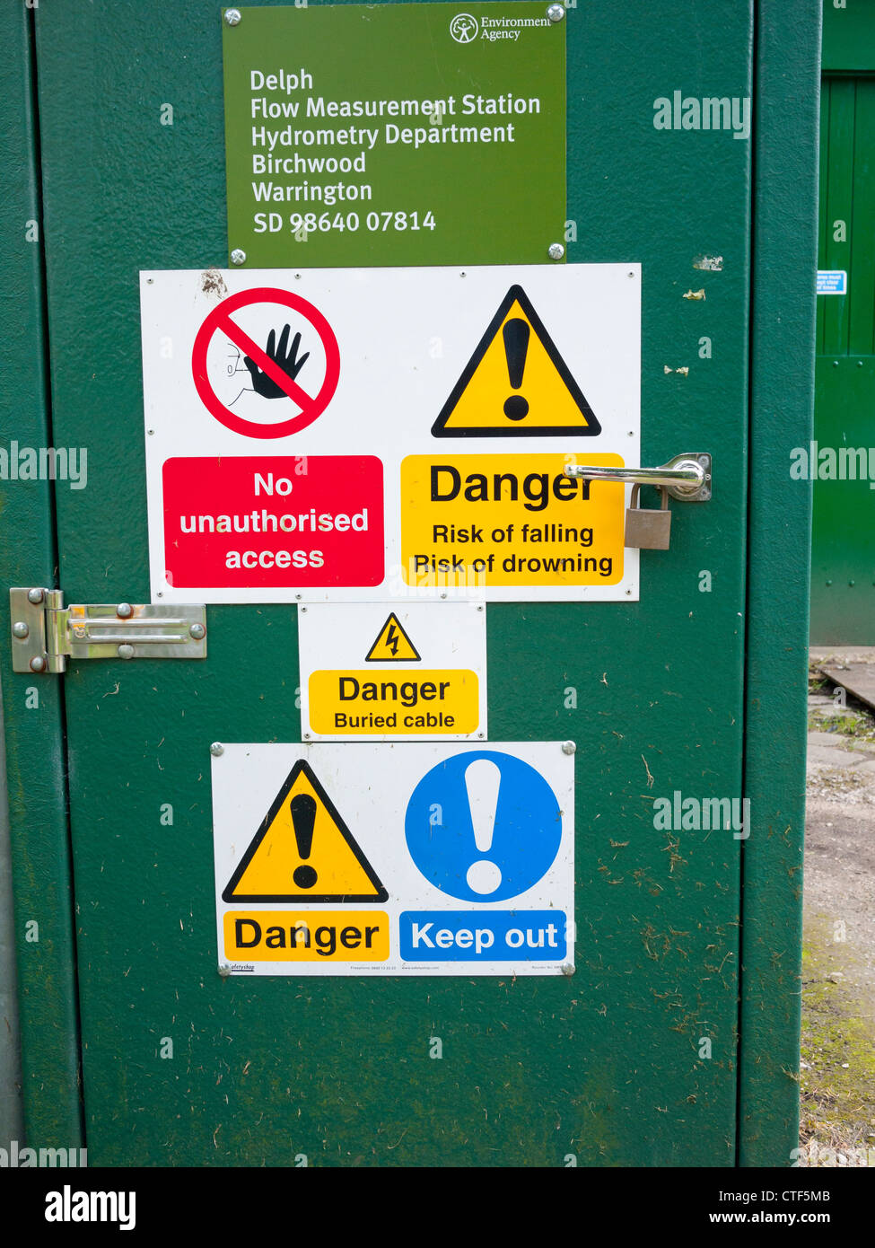 Warning signs on a flow measurement station cabinet, UK Stock Photo - Alamy