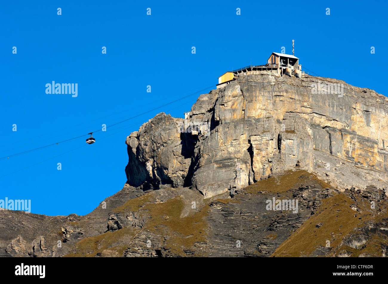 The rock face of Mt Birg with the mid station of the Schilthorn cable ...