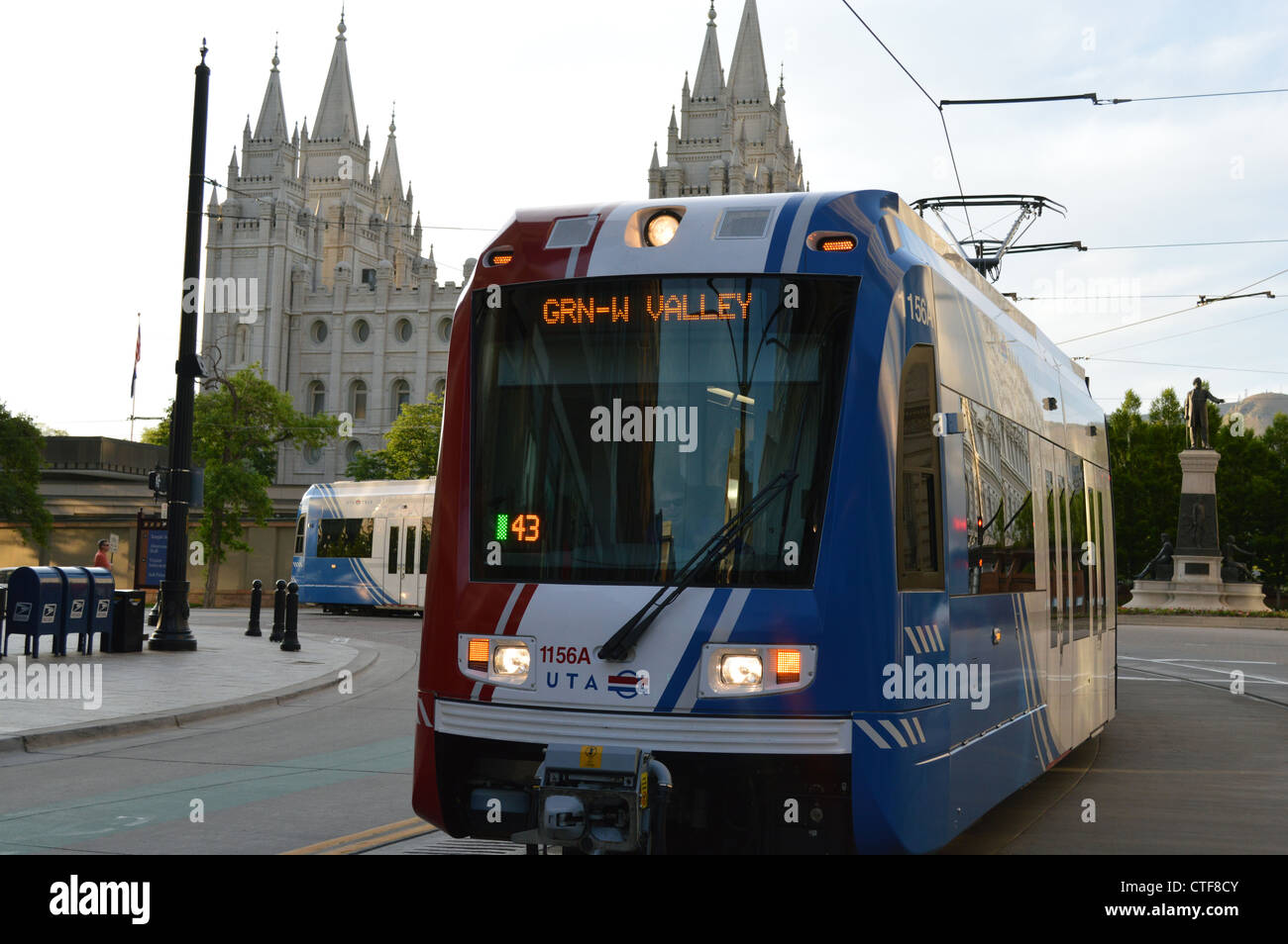 Trax tram in front of Tabernacle on Temple Square in Salt Lake City ...