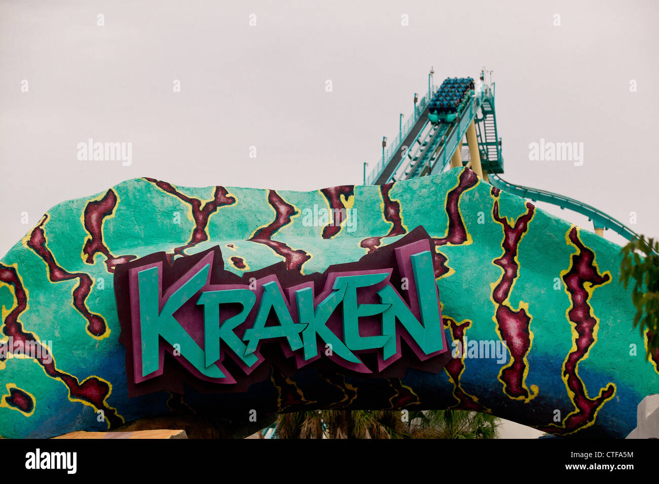 Sign for the Kraken ride at Sea World, Orlando, Florida, USA Stock ...