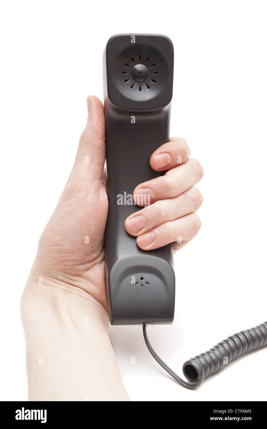 man's hand holding the phone isolated on white background Stock Photo ...