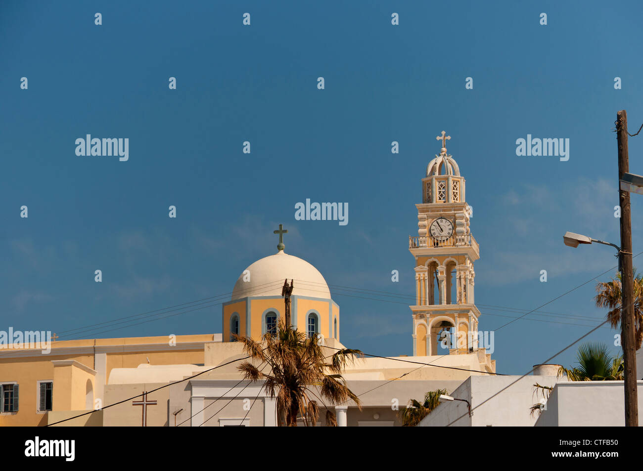 The Catholic Cathedral in Fira on the island of Santorini in the ...