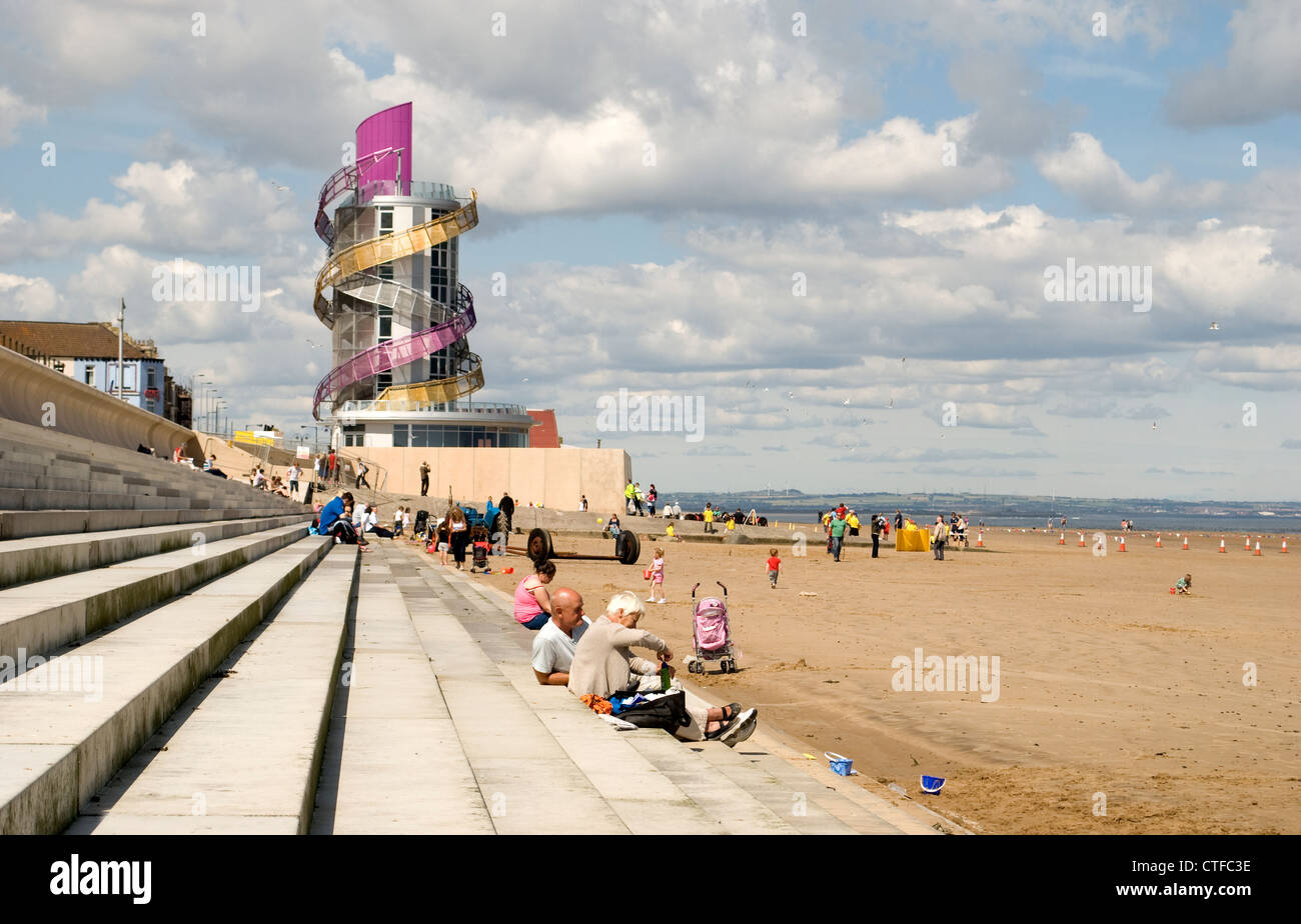 The new Vertical Pier at Redcar, Cleveland and the beach at low tide on ...