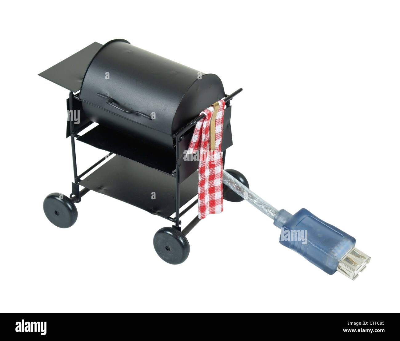 Ordering food via internet shown by a USB cable attached to a barbeque ...