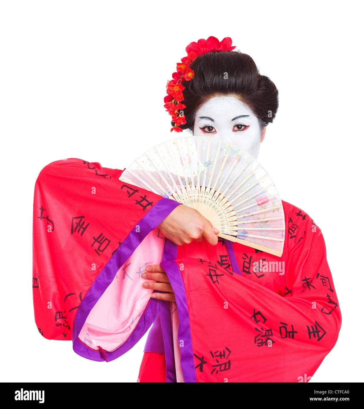 Portrait of geisha hiding behind fan isolated on white Stock Photo - Alamy