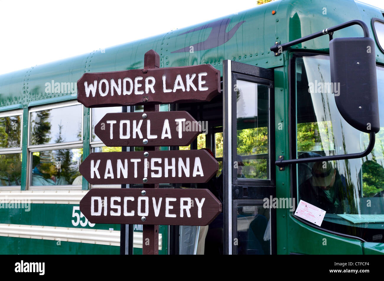 Signs indicating shuttle bus routes. Denali National Park and Wildness ...