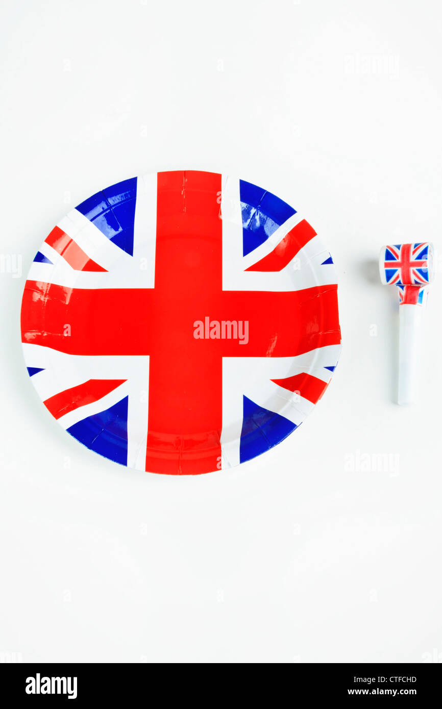 Union flag disposable plate with union flag party blower Stock Photo ...