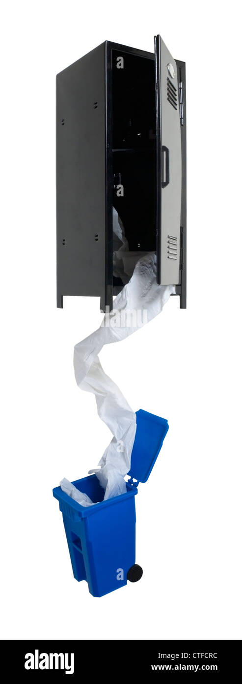 Recycling education material shown by papers falling out of a locker ...