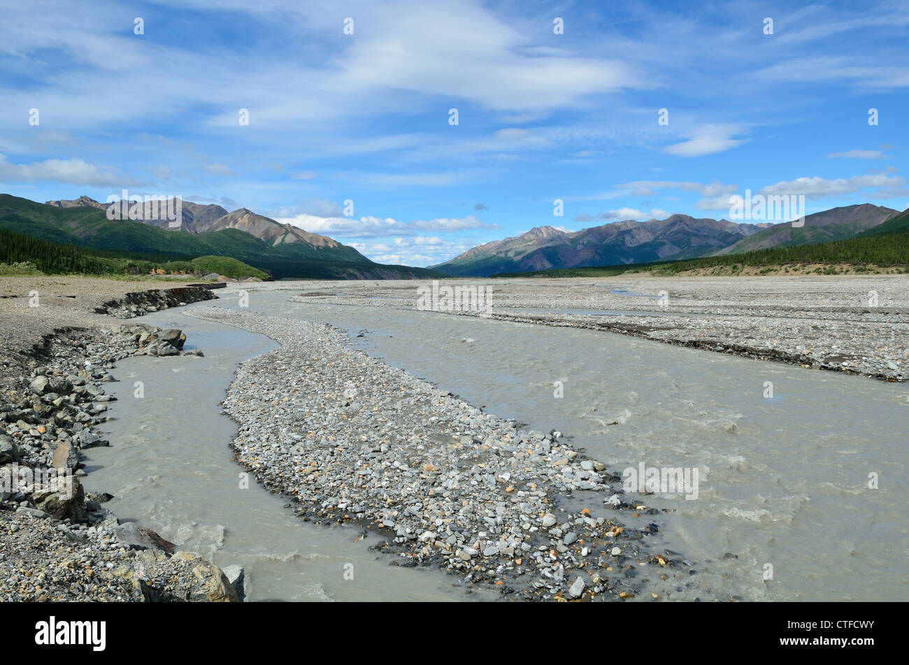 Mountains and rivers near Toklat River crossing. Denali National Park ...