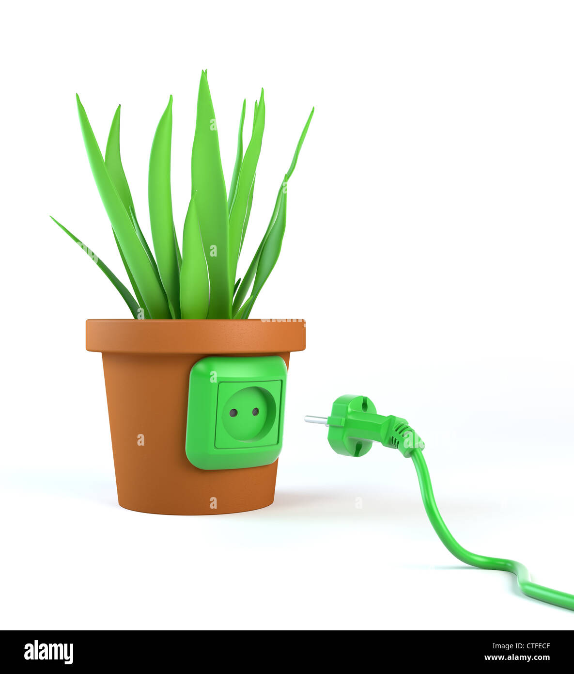 Green energy concept - green power cord and a pot plant with an outlet ...