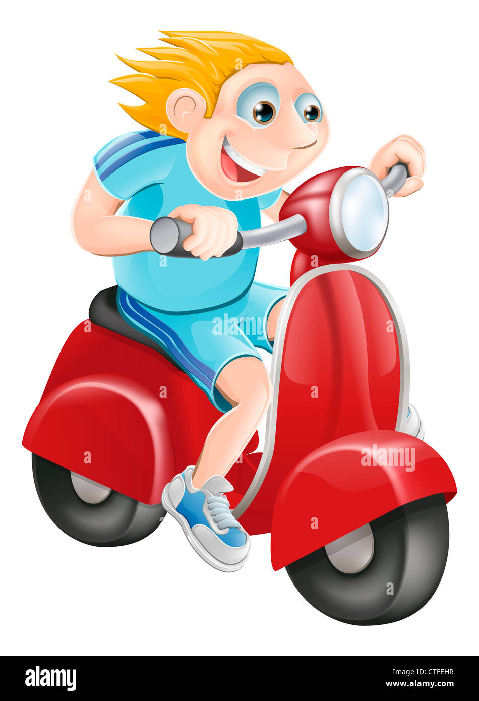 Illustration of a happy man driving fast on his red moped Stock Photo ...