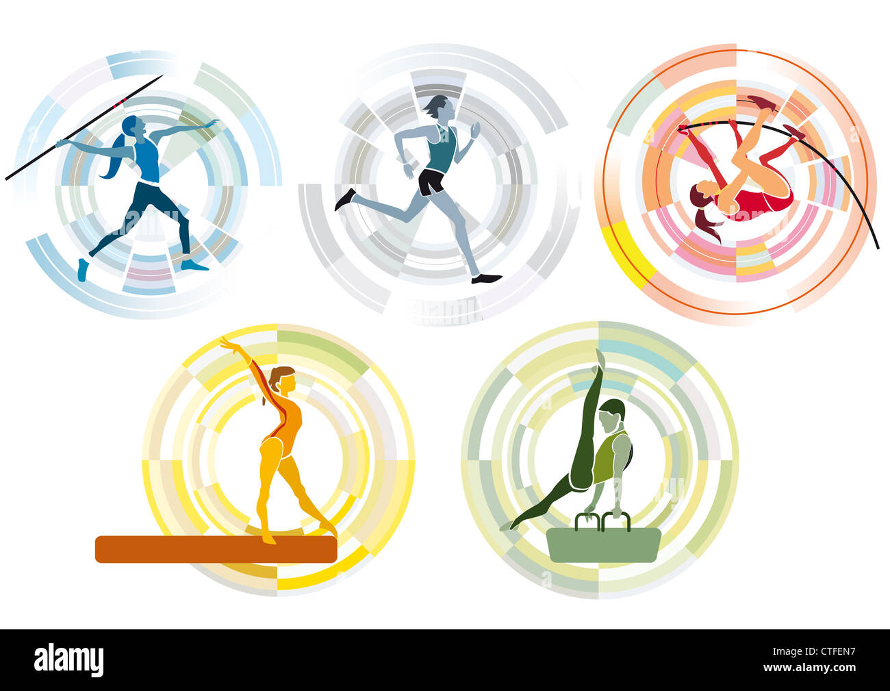 Five stylized figures of men and women athletes practicing various ...