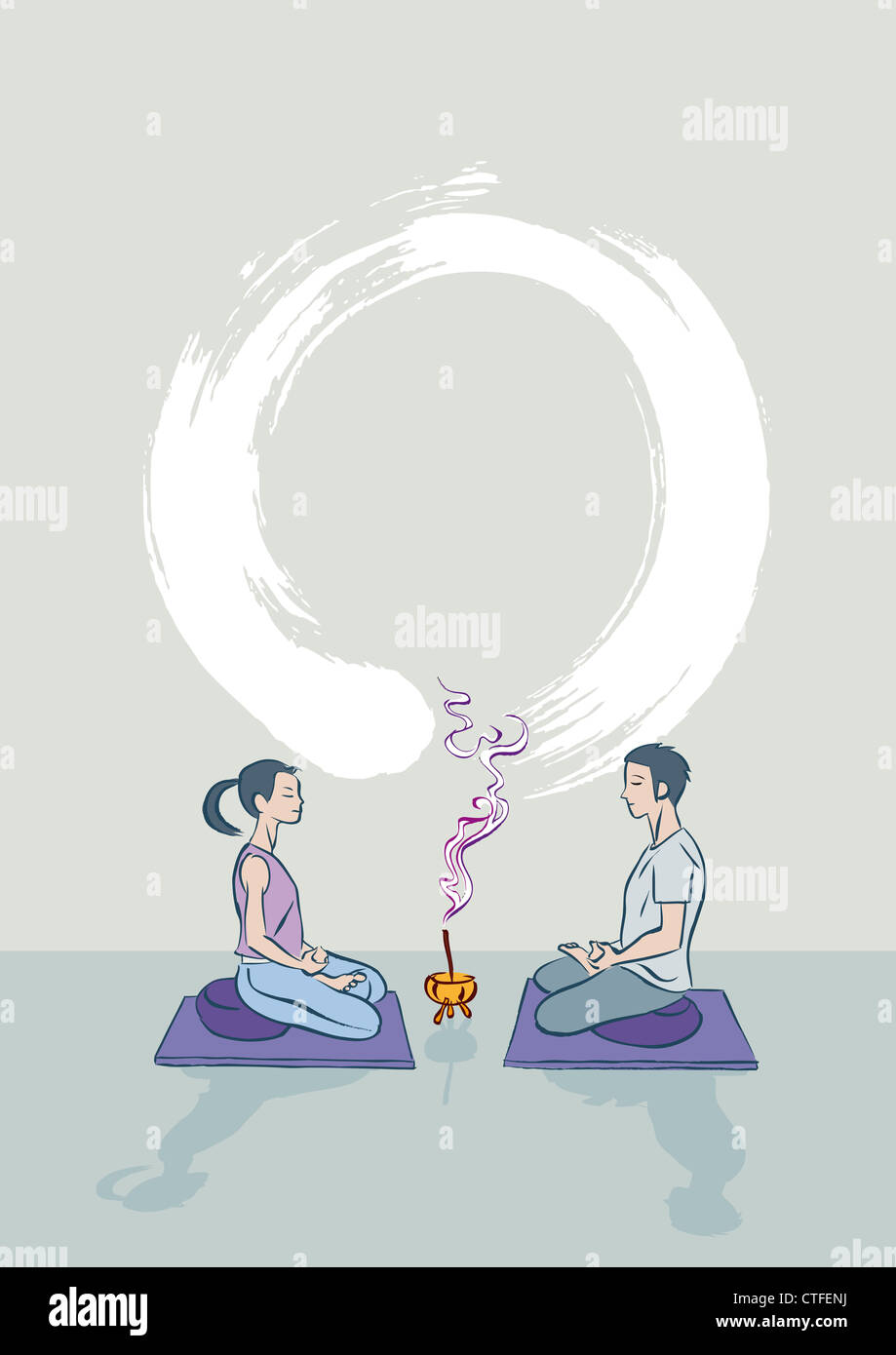 A boy and a girl practicing Zen meditation in a quiet room. A censer ...