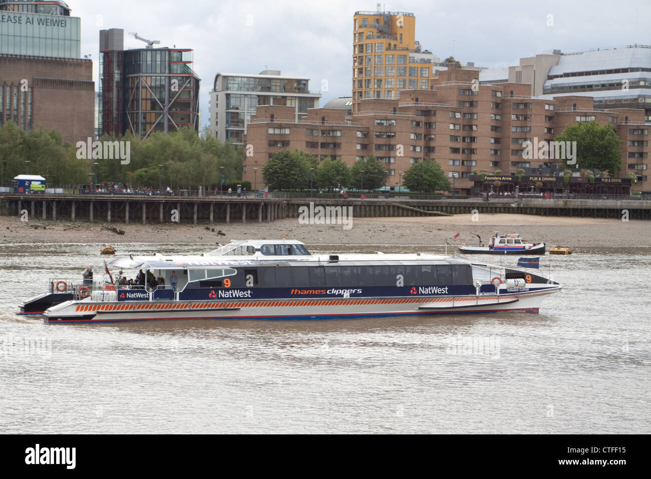 A River Clipper on the River Thames outside the Tate Modern art gallery ...