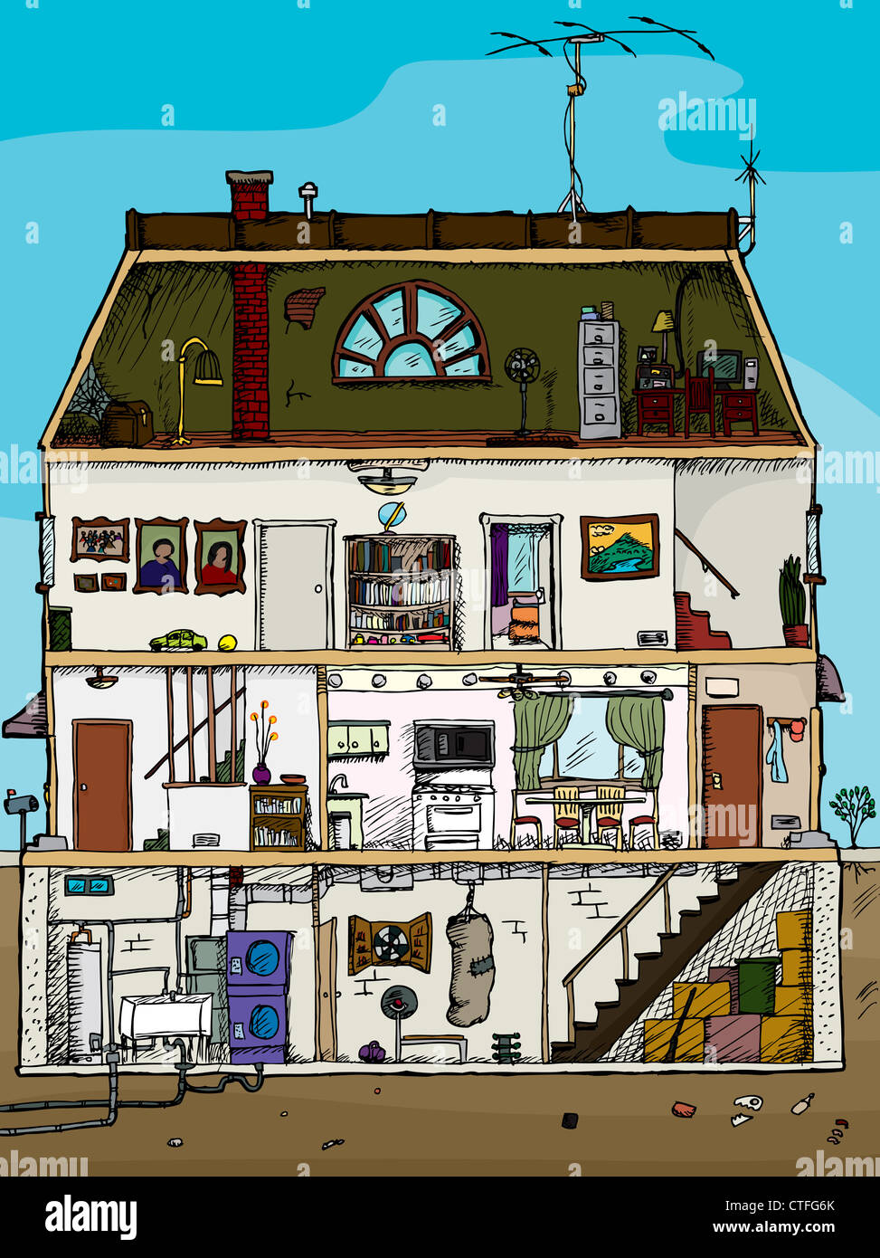 3-story old house cartoon cross section with basement Stock Photo - Alamy