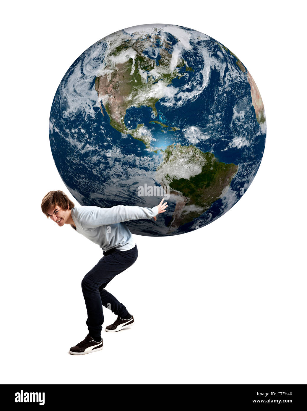 Handsome young man caring the planet earth on its backs, isolated on ...