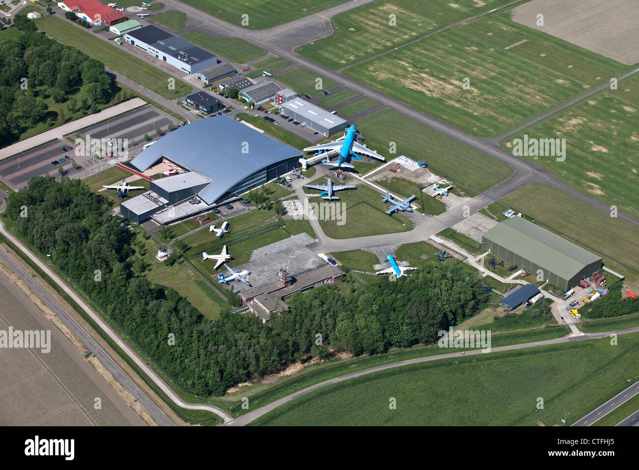 The Netherlands, Lelystad, Airplane museum called Aviodrome. Aerial ...