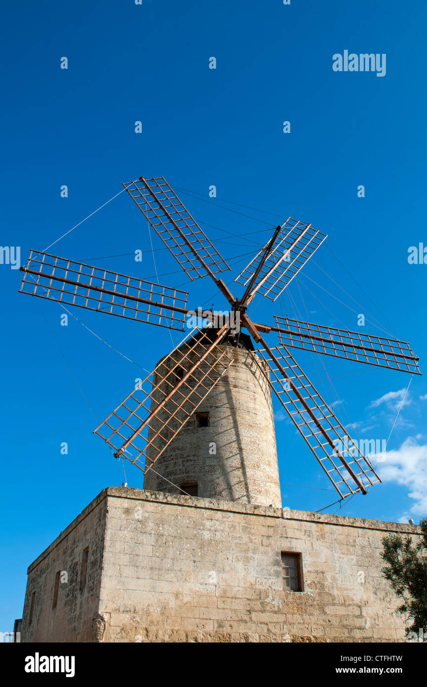 Xarolla Windmill under mediterranean blue sky, Zurrieq, Malta Stock ...