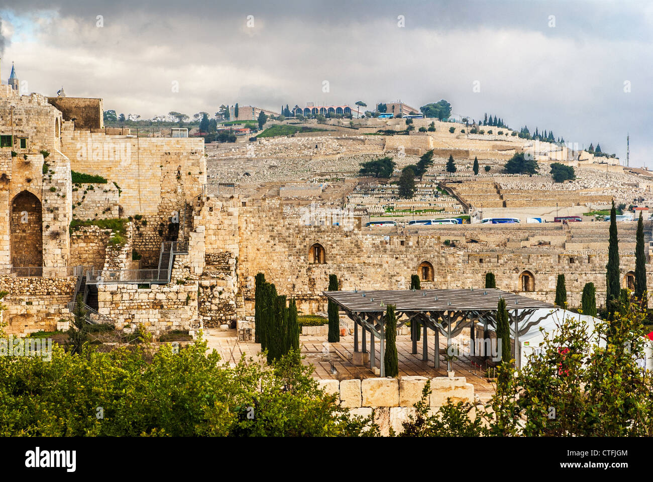 Rebuilt ruins outside the old city wall of Jerusalem, Israel with the ...