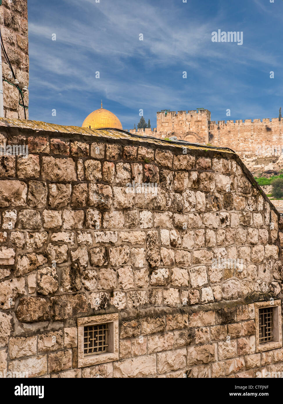 Old Jerusalem view - wailing wall and golden dome of Omar mosque Stock ...