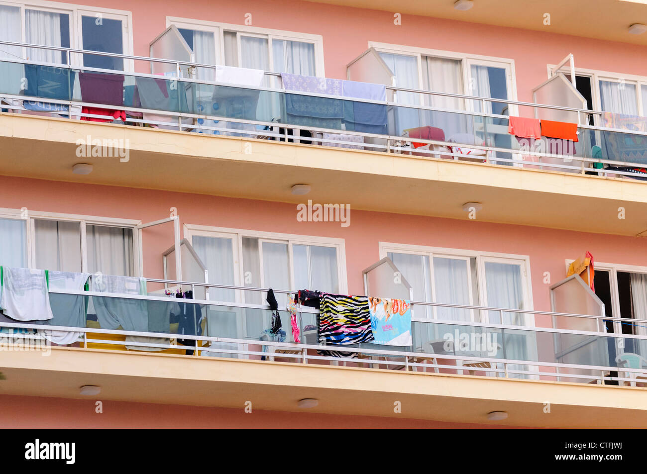 Typical balconies of a Spanish hotel during the tourist season Stock ...