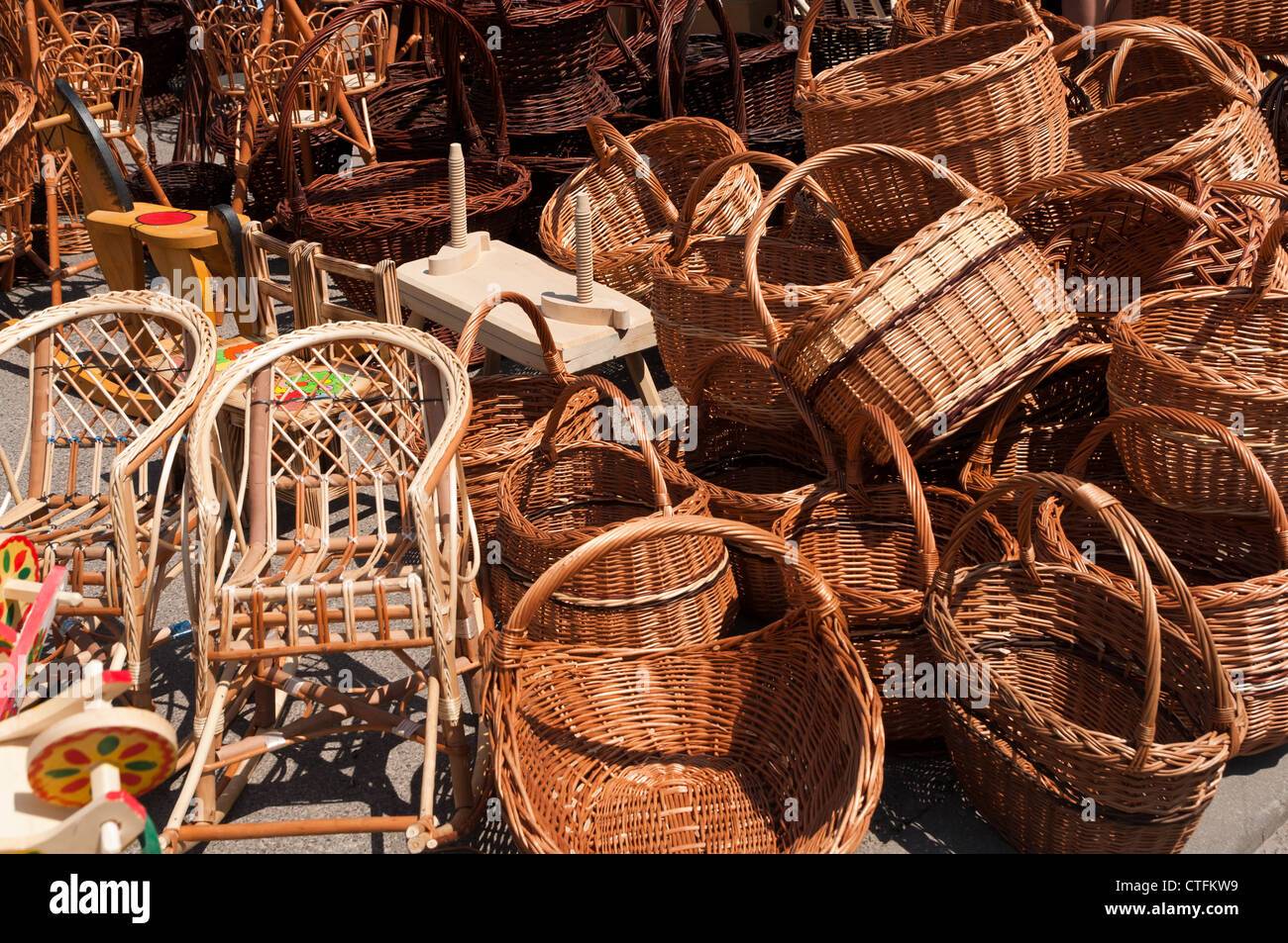 Wicker handmade baskets on summer day Stock Photo - Alamy