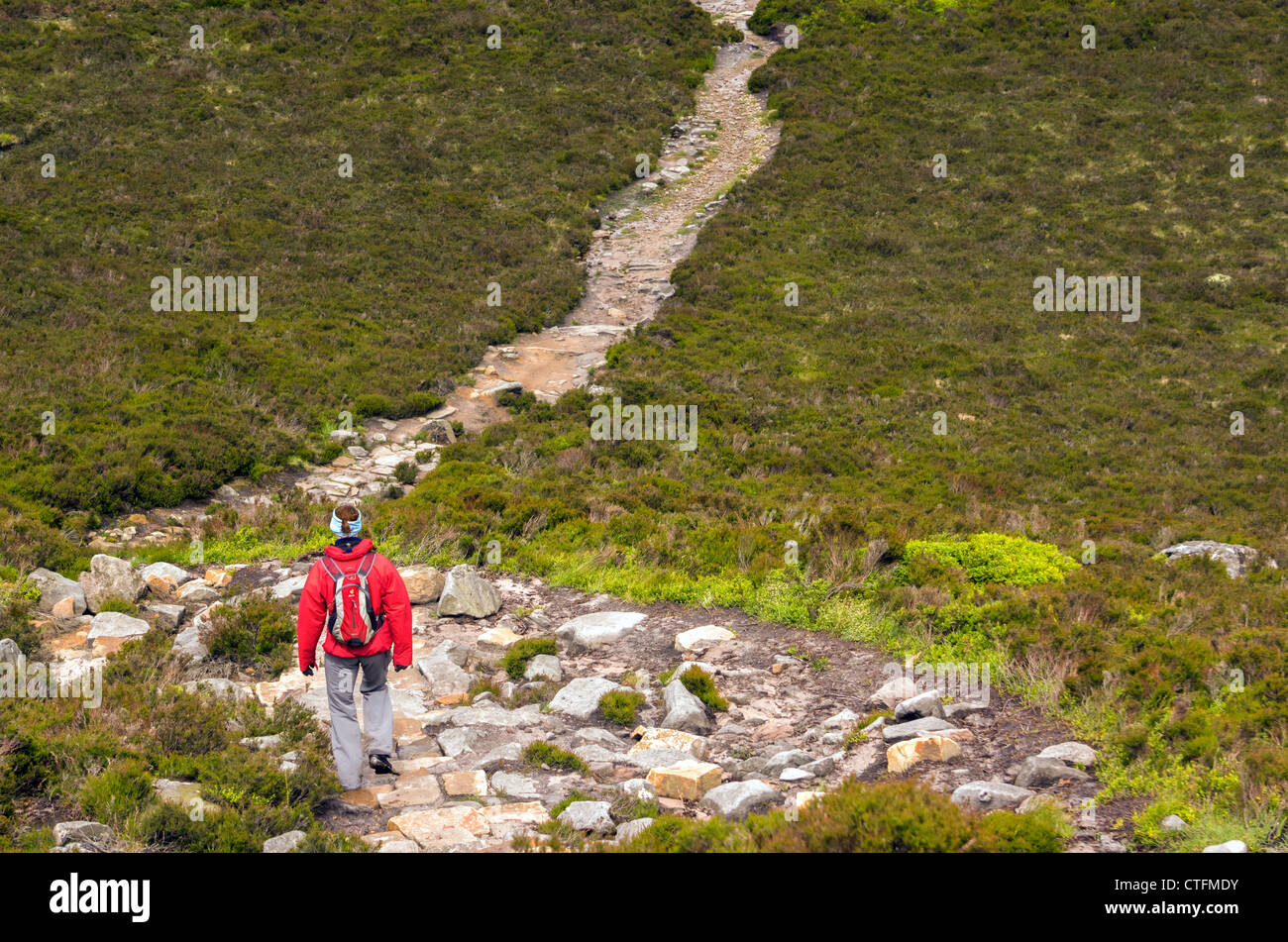 A hiker walking the trail over Simonside Hills near Rothbury on an ...