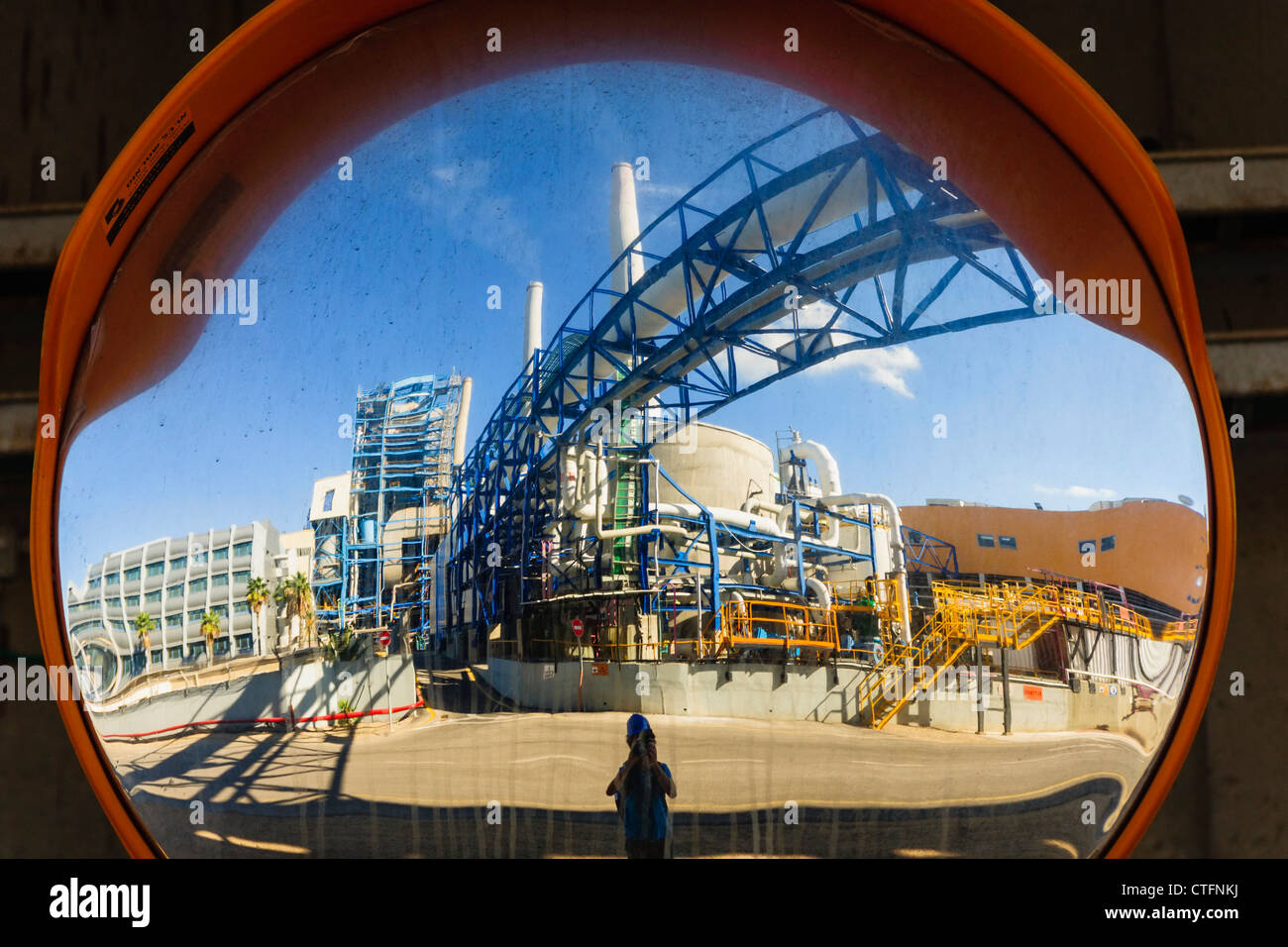 Hadera, Israel. Water purification facility pictured through a mirror ...