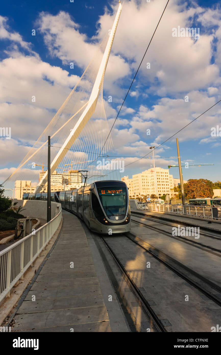 Jserualem, Israel. A light rail near the chords bridge at the city's ...