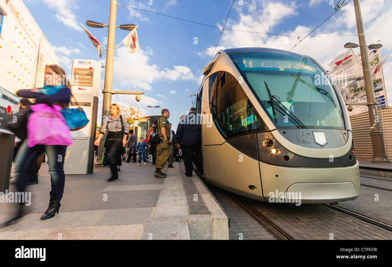 Jerusalem, Israel. People getting on and off the Light Rail near the ...