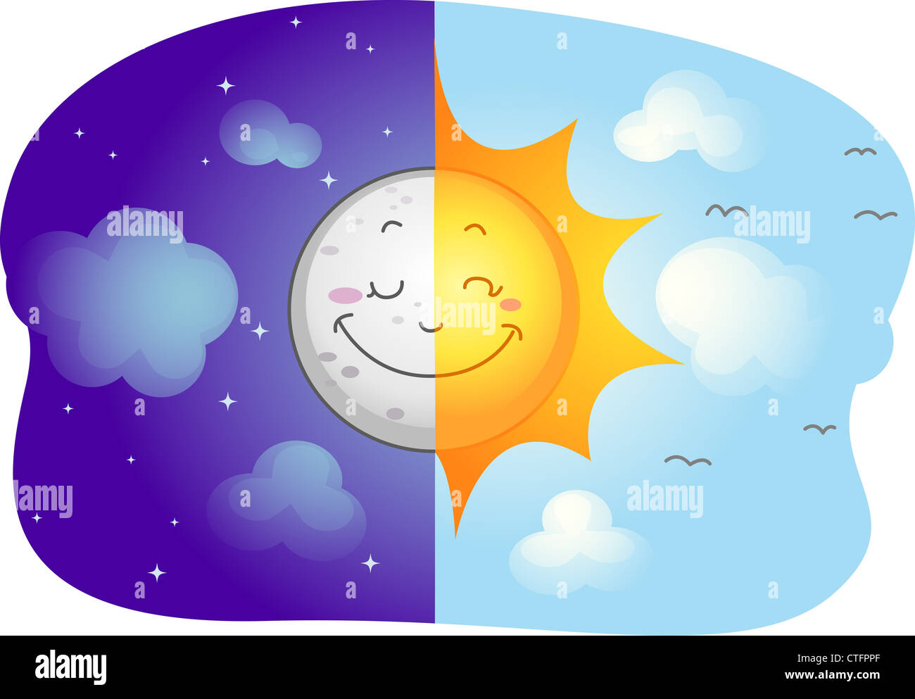 Illustration of a Split-screen Showing the Sun and the Moon Stock Photo ...