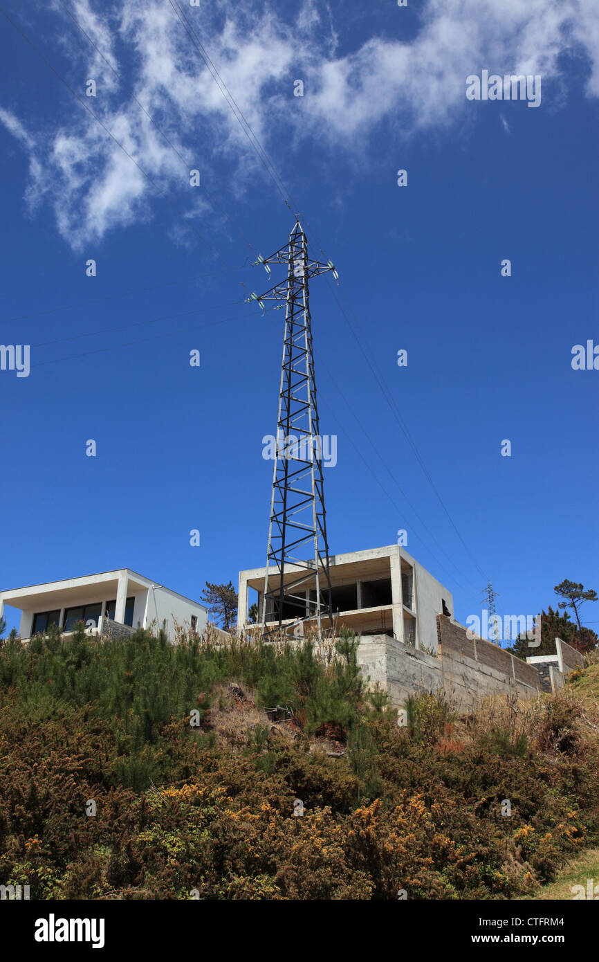 electrical power line in front of new constructed house, Madeira ...