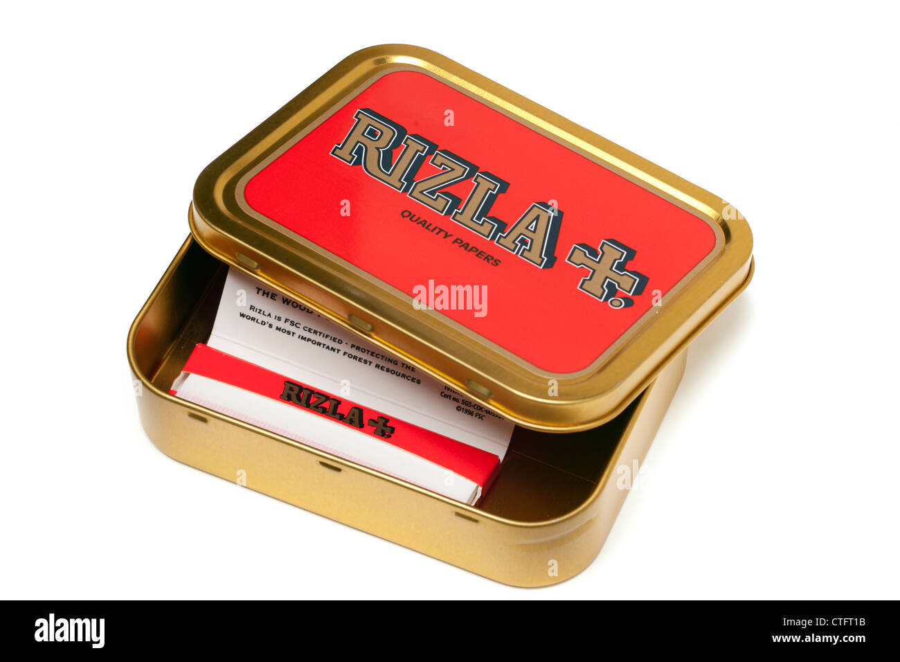Rizla cigarette rolling papers and tobacco tin Stock Photo - Alamy