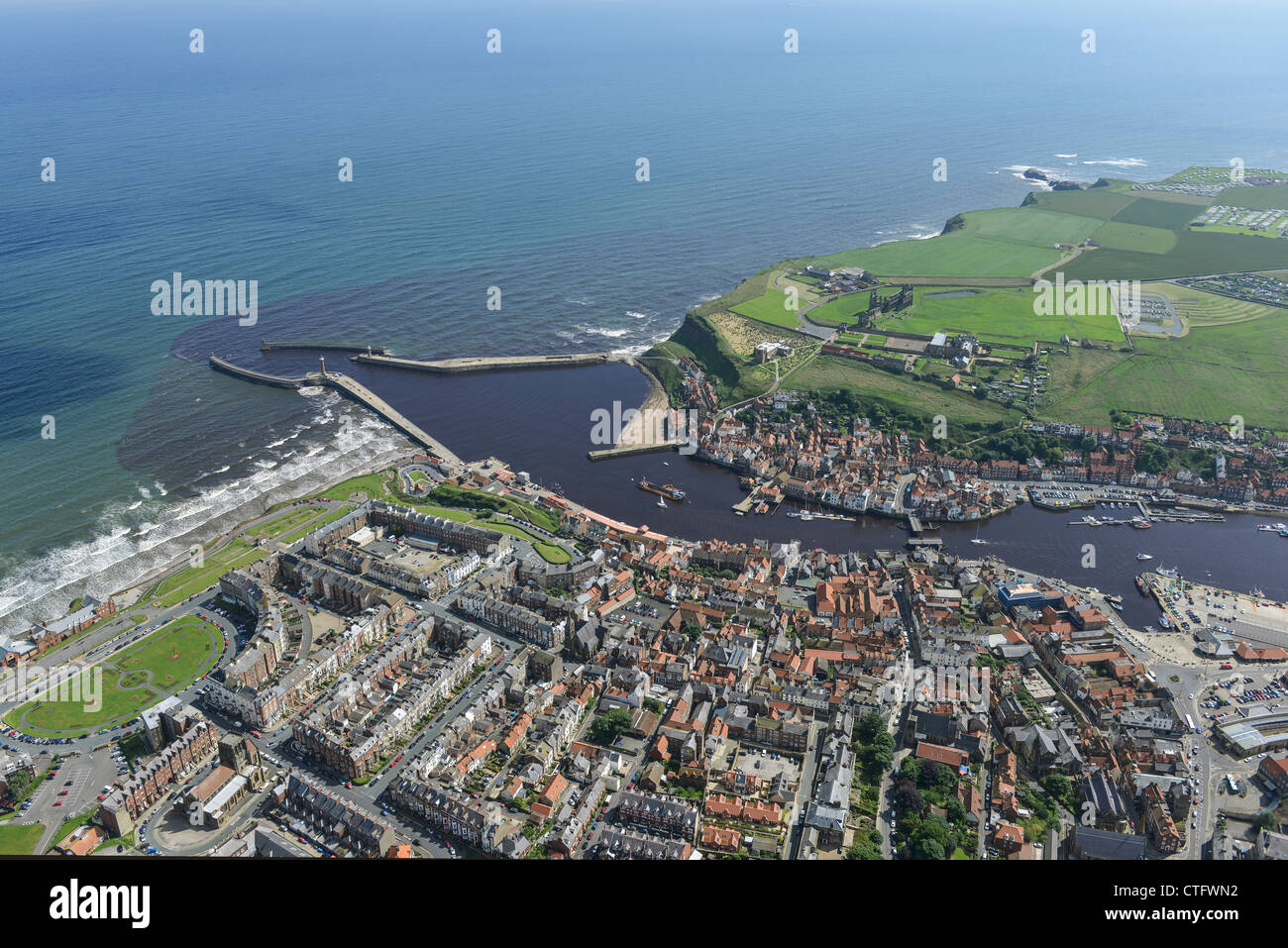 Aerial photo of Whitby showing Whitby town and harbour Stock Photo - Alamy