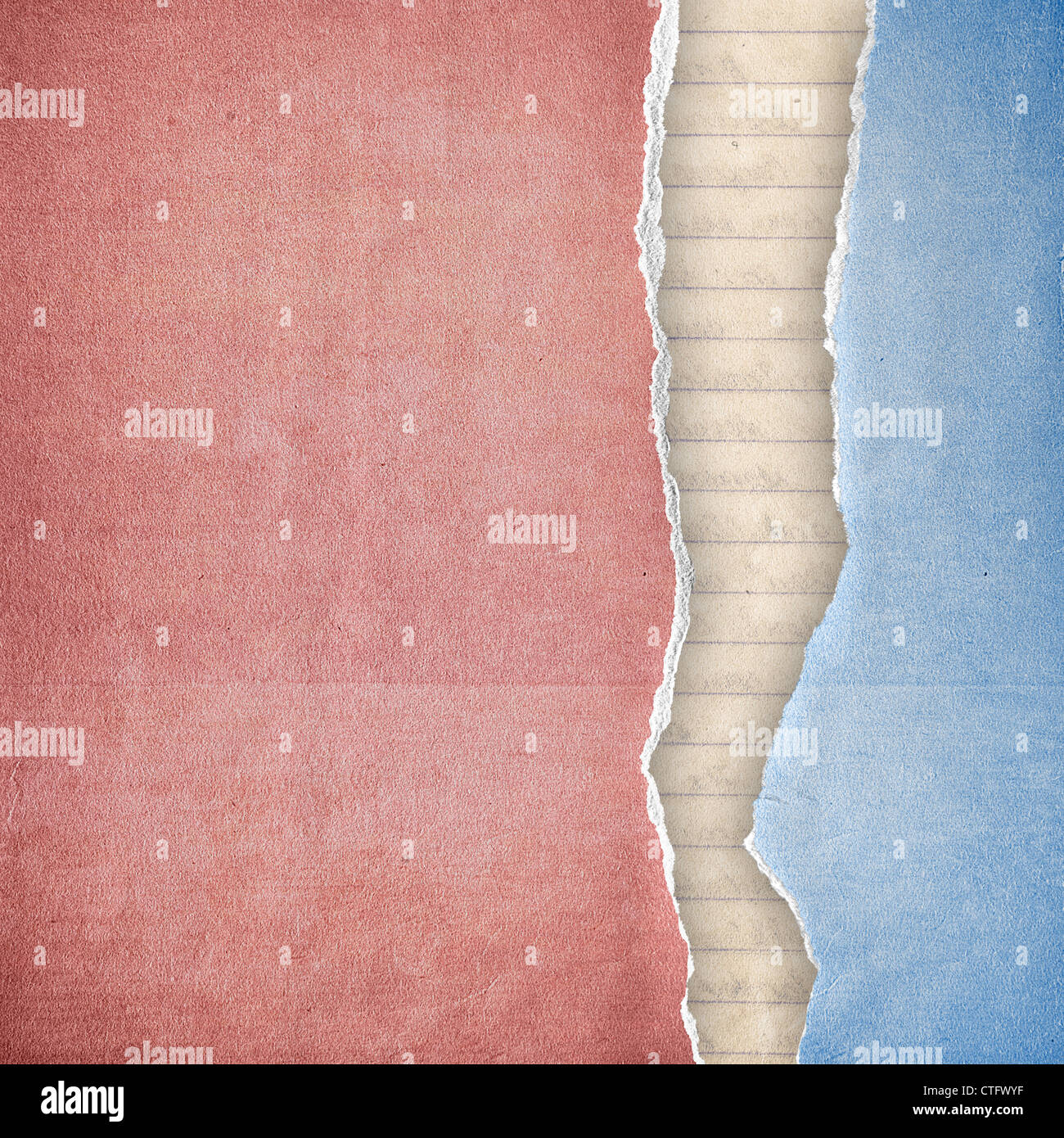 riped blue and red cardboard cover on guideline paper background Stock ...